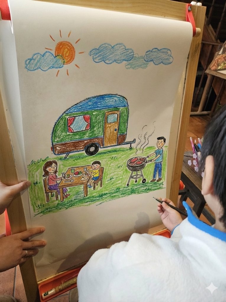 Childlike crayon-style family camping drawing - AI Prompt | CreateVision
