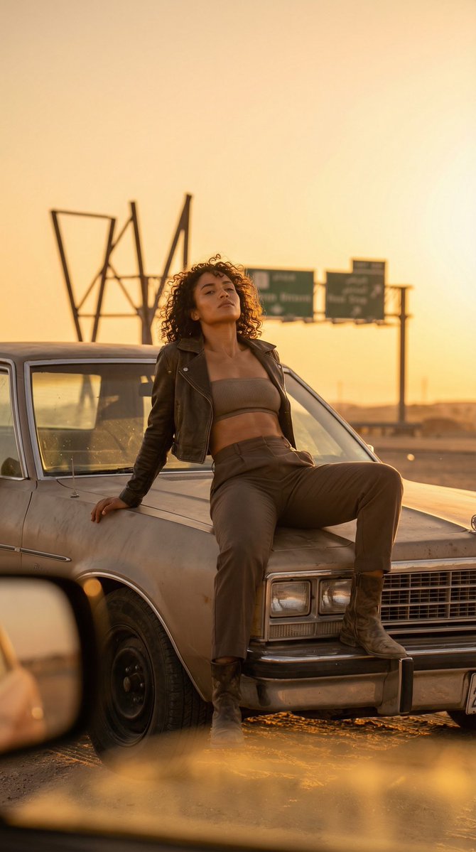 Cinematic Desert Rest Stop Portrait at Golden Hour - AI Prompt ...