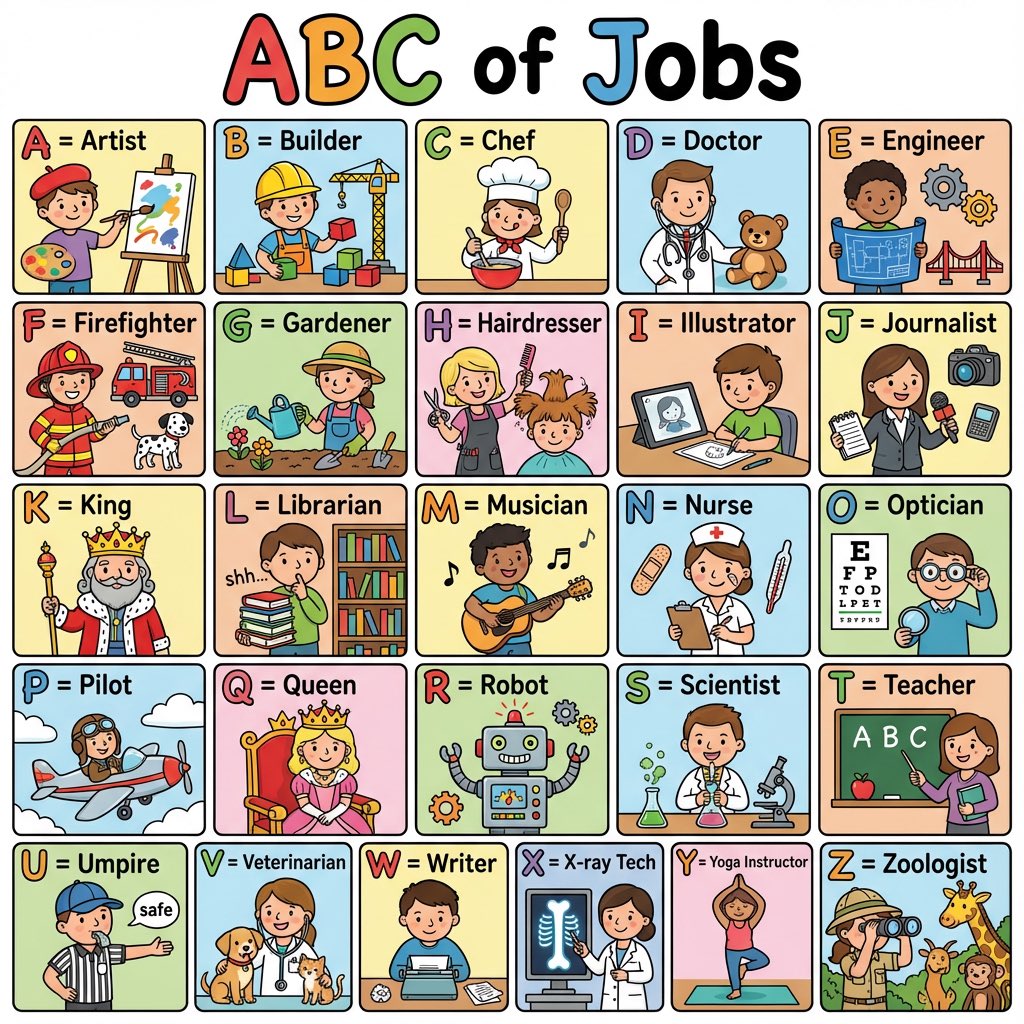 Affiche éducative colorée ABC of Jobs - AI Prompt | CreateVision