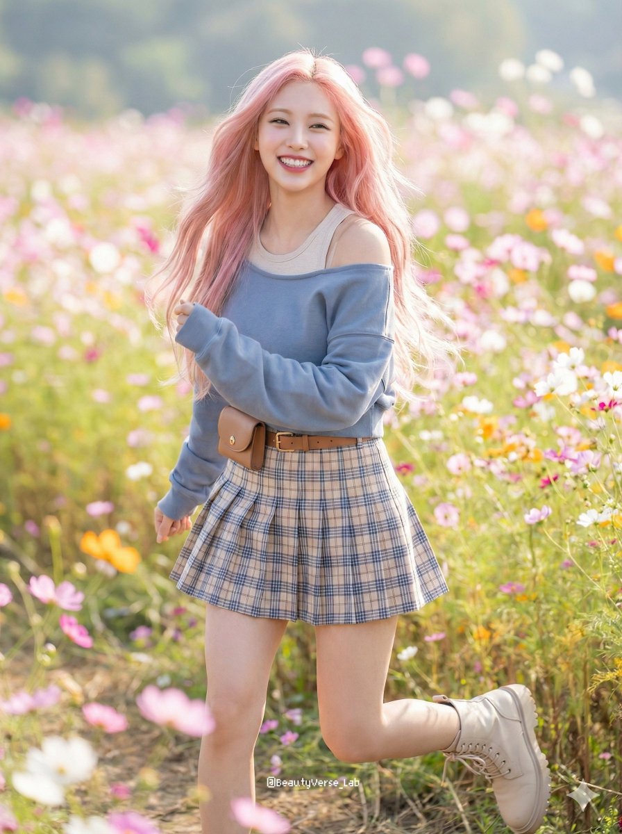 Dynamic K-Pop Idol Running in a Flower Field - AI Prompt | CreateVision