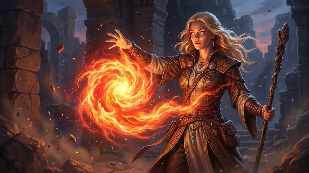 Mage de feu féminin D&D hyperréaliste - AI Prompt | CreateVision