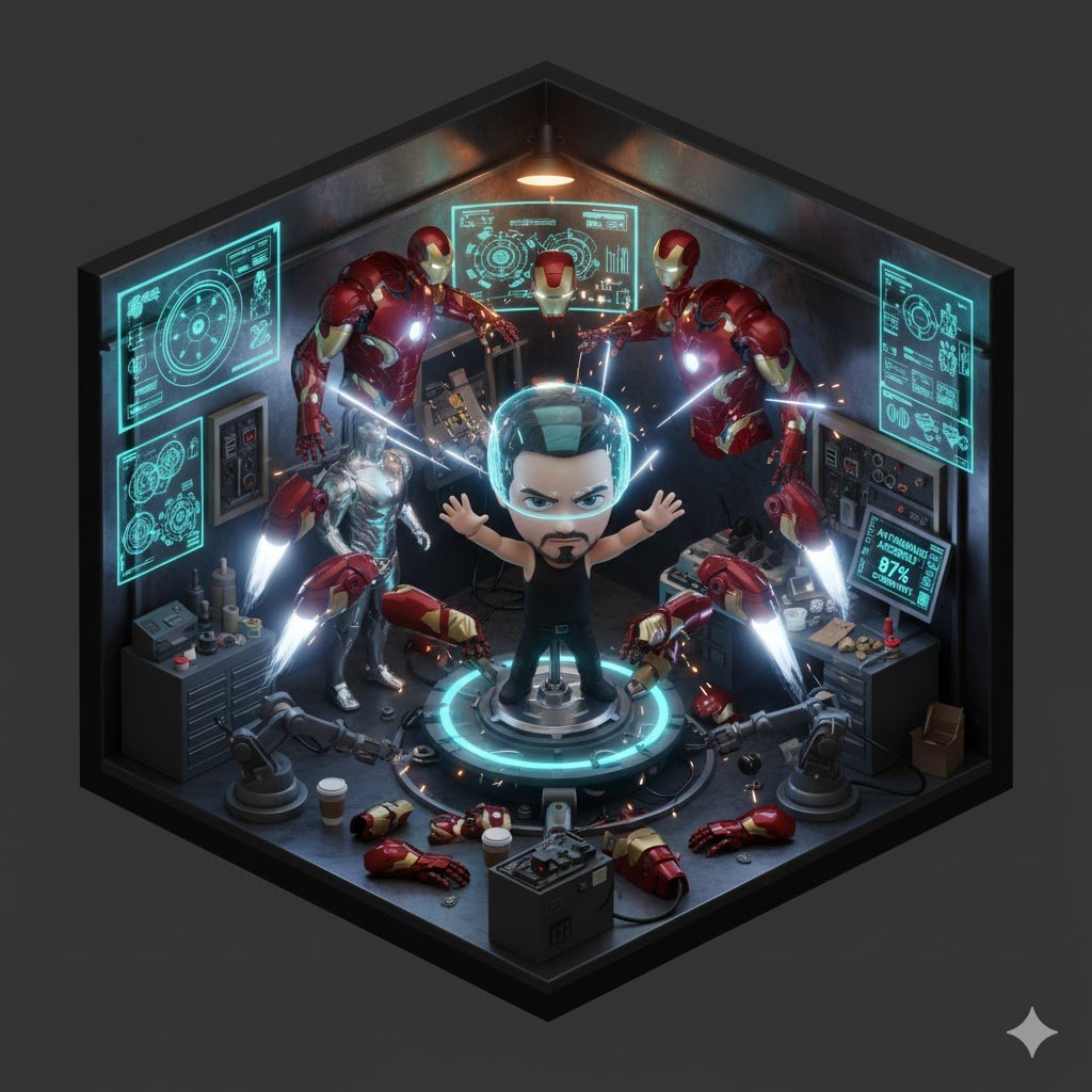 Isometric 3D Tony Stark Workshop Cube - AI Prompt | CreateVision