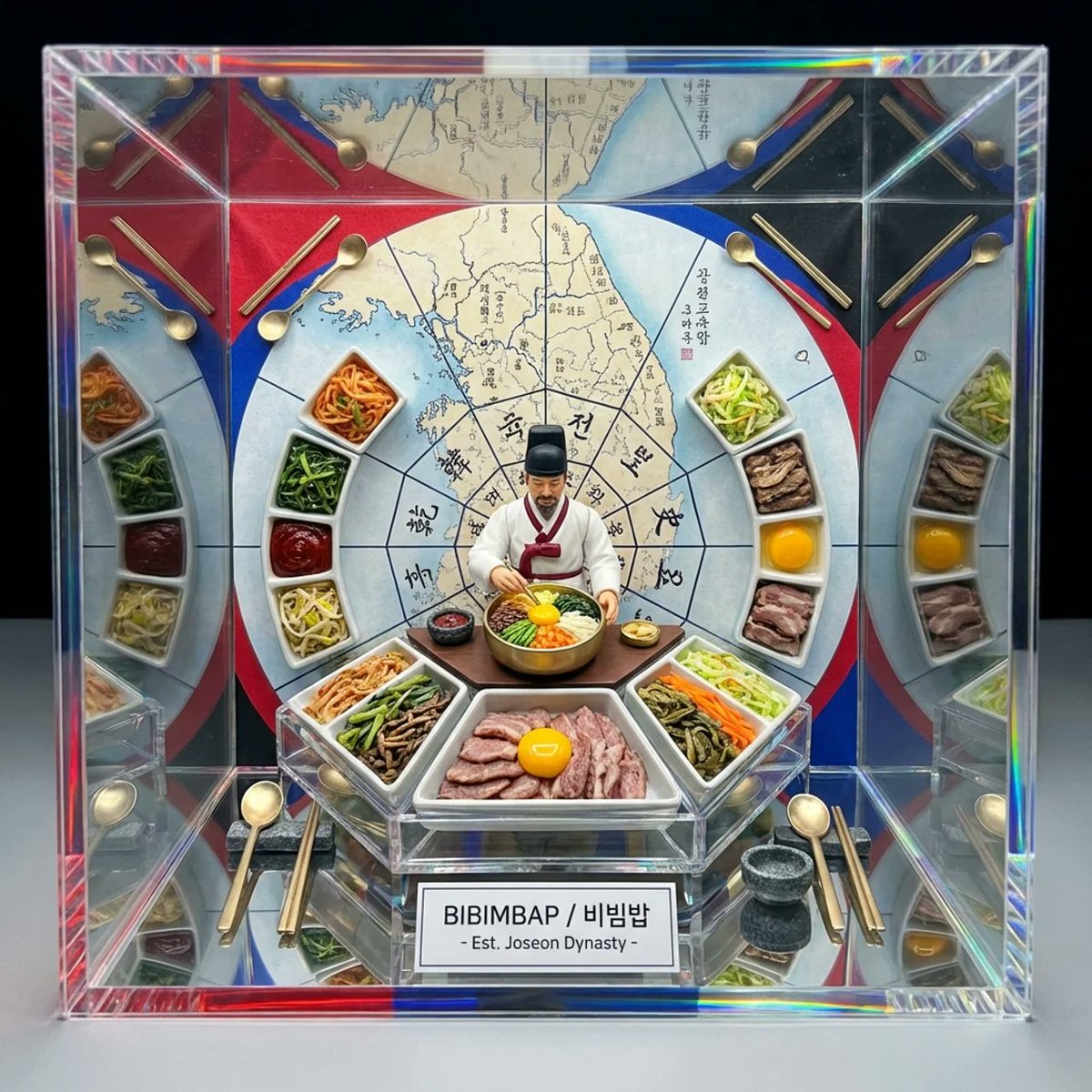 Kaleidoscopic Food Diorama in Acrylic Box - AI Prompt | CreateVision