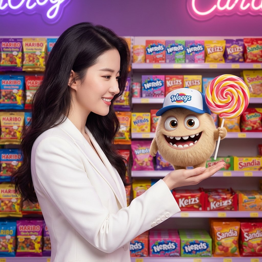 Mixed-Media Portrait with CGI Mascot in Candy Store - AI Prompt ...
