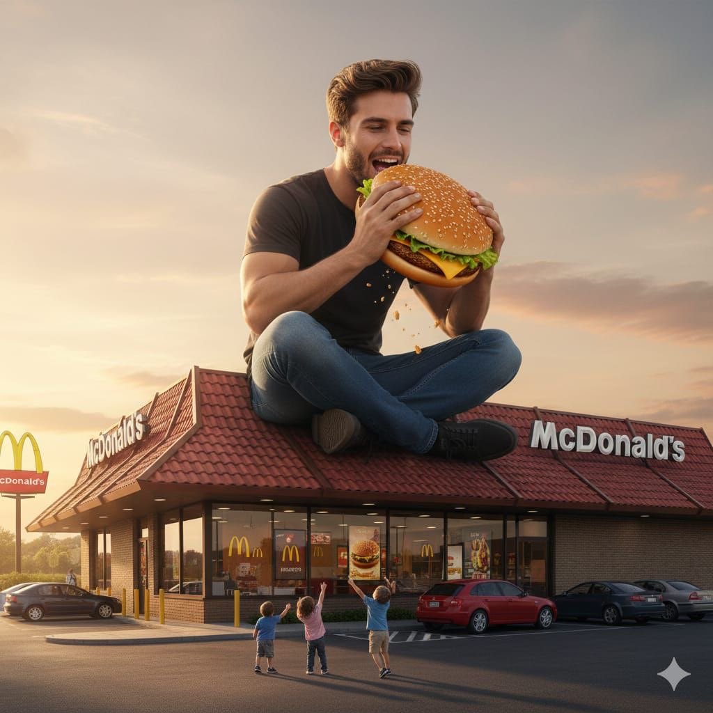 Surreal advertising scene of a giant man eating a cheeseburger - AI ...