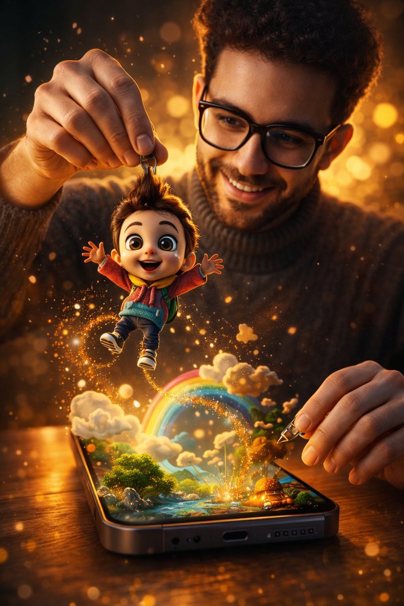 Surreal Cinematic Scene: Man Emerging from Phone with Tiny Cartoon Boy ...