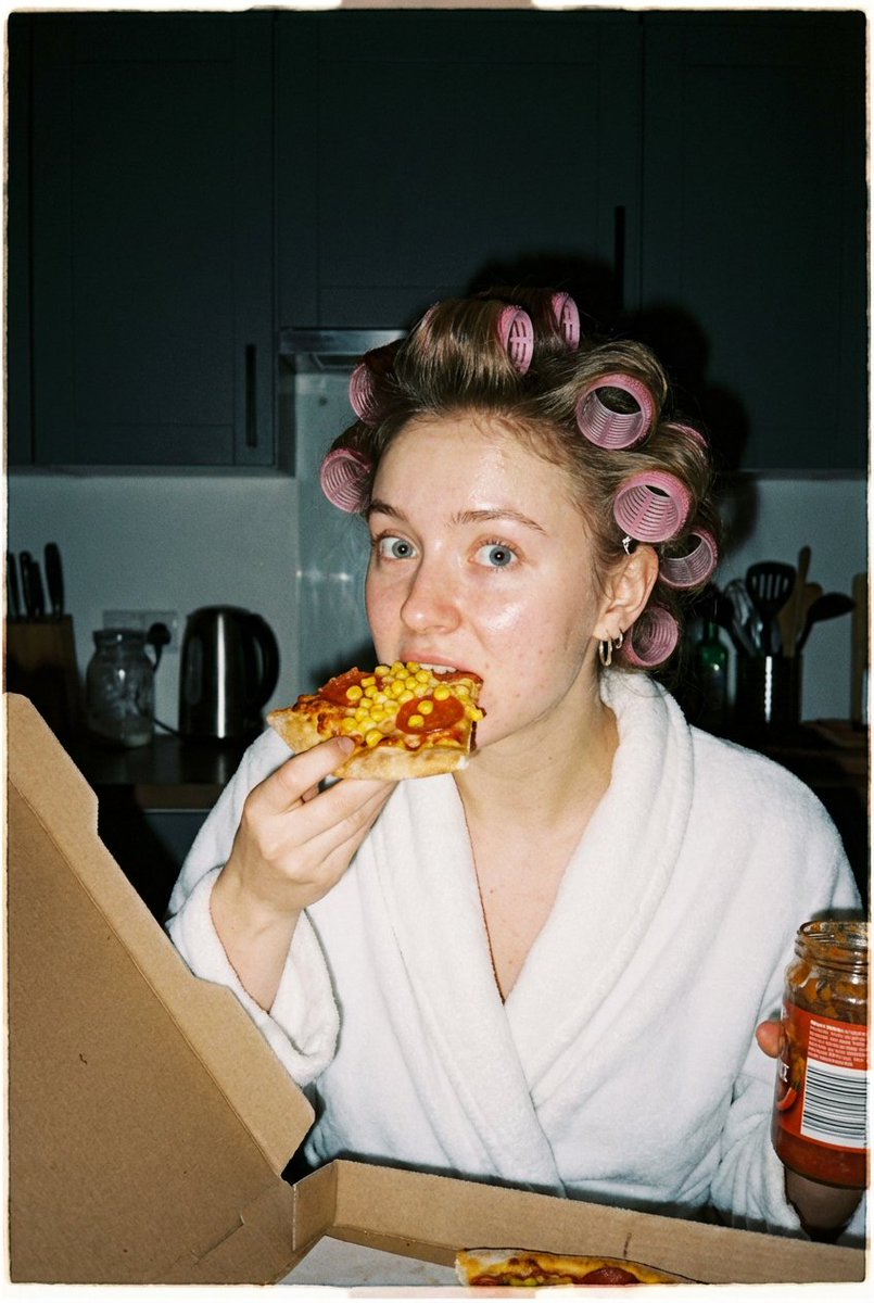 Ultra Photorealistic Candid Flash Portrait of a Woman Eating Pizza - AI ...