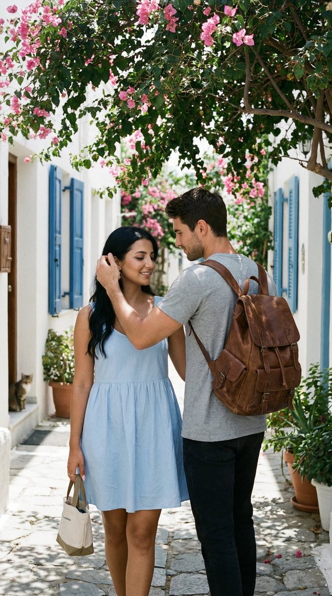 Scène de romance de voyage ultra-photoréaliste dans une rue pavée ...